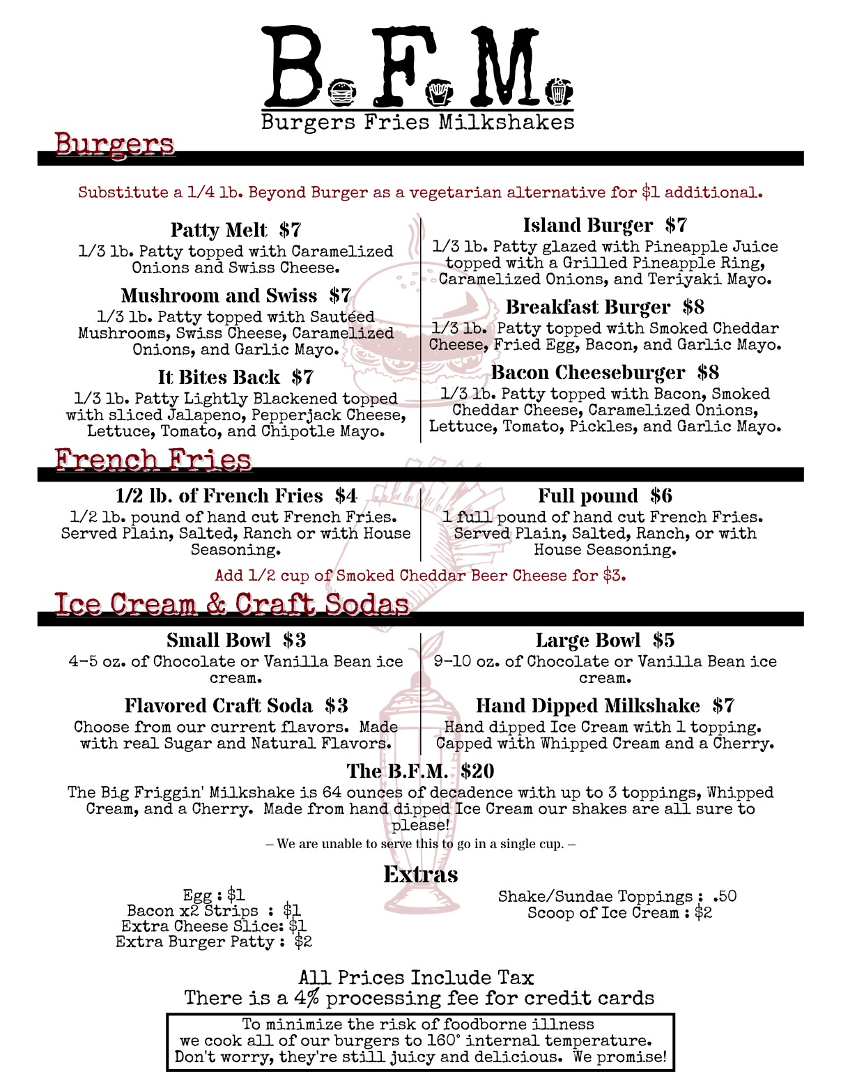 Menu | B.F.M. Burgers Fries Milkshakes