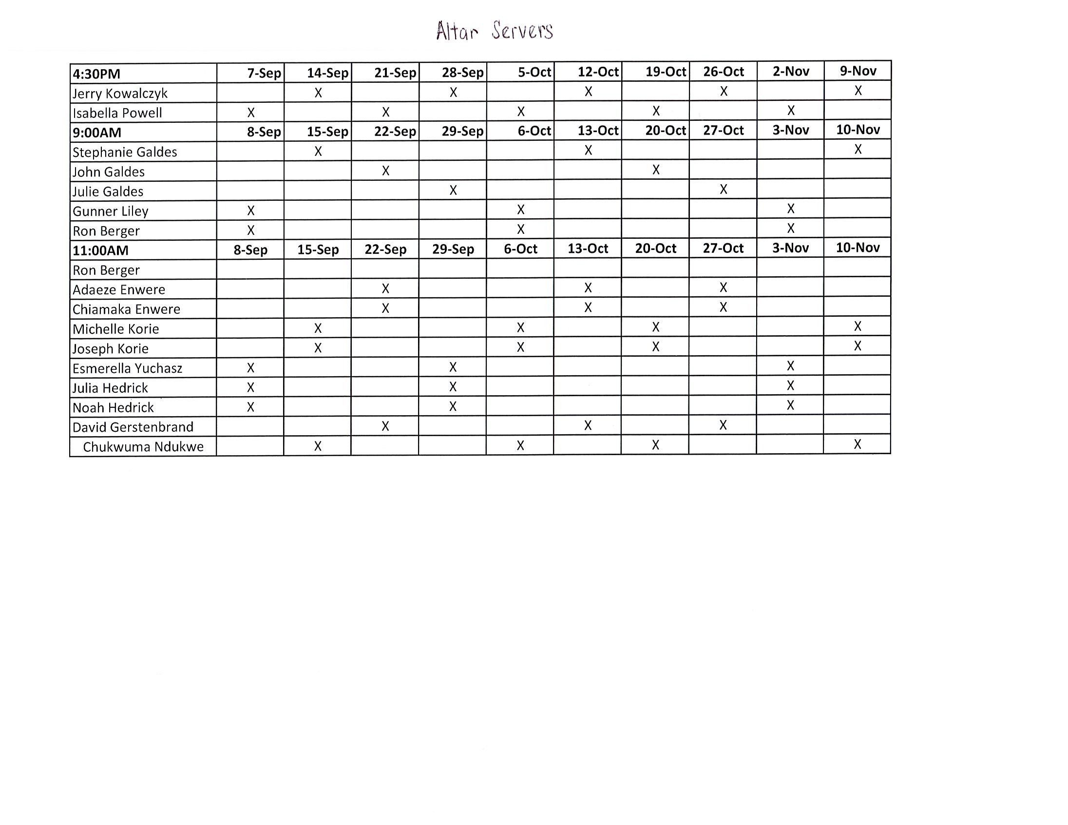 Altar Server Schedule
