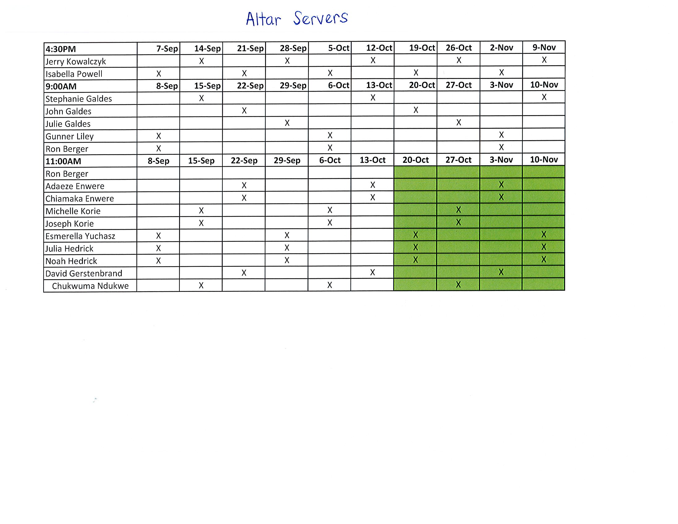 Altar Server Schedule