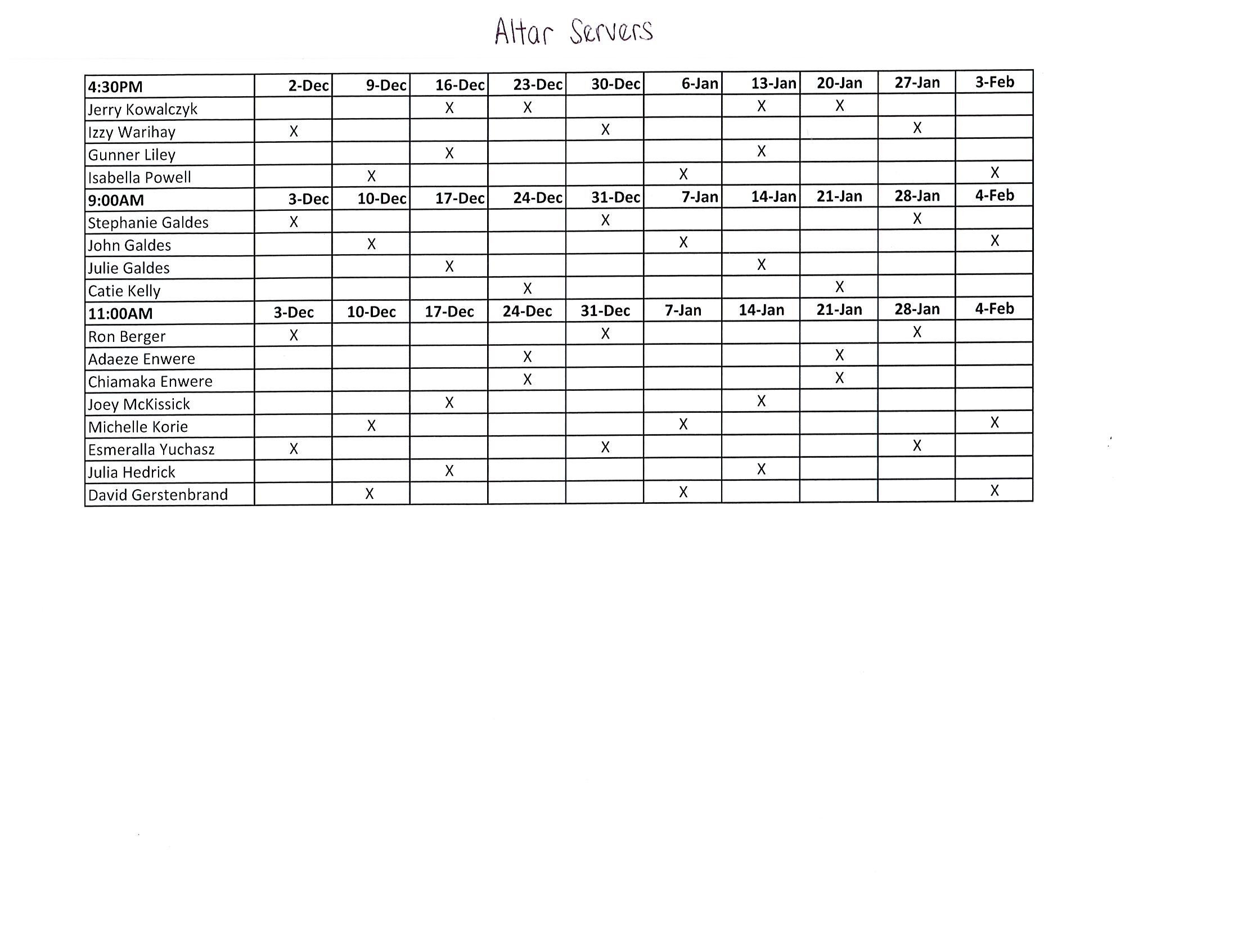Altar Server Schedule
