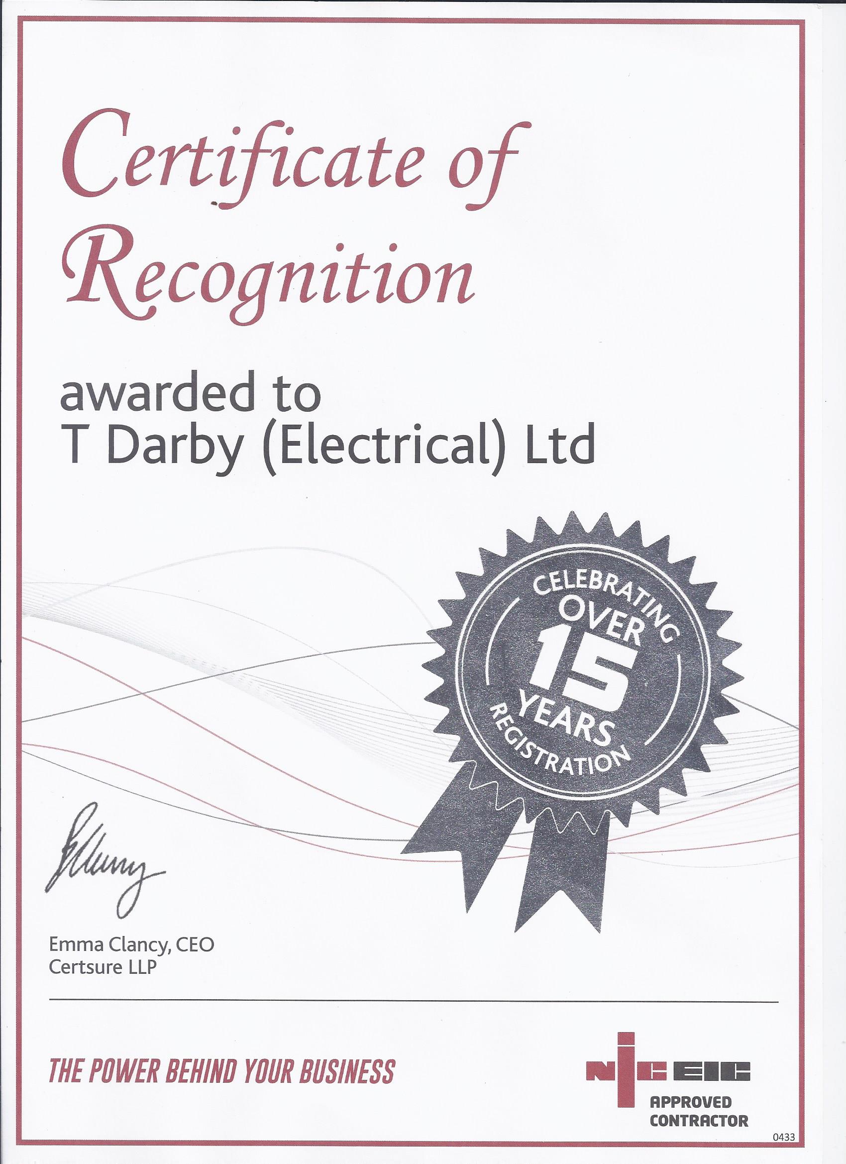 Certifications | T. Darby (Electrical) Ltd