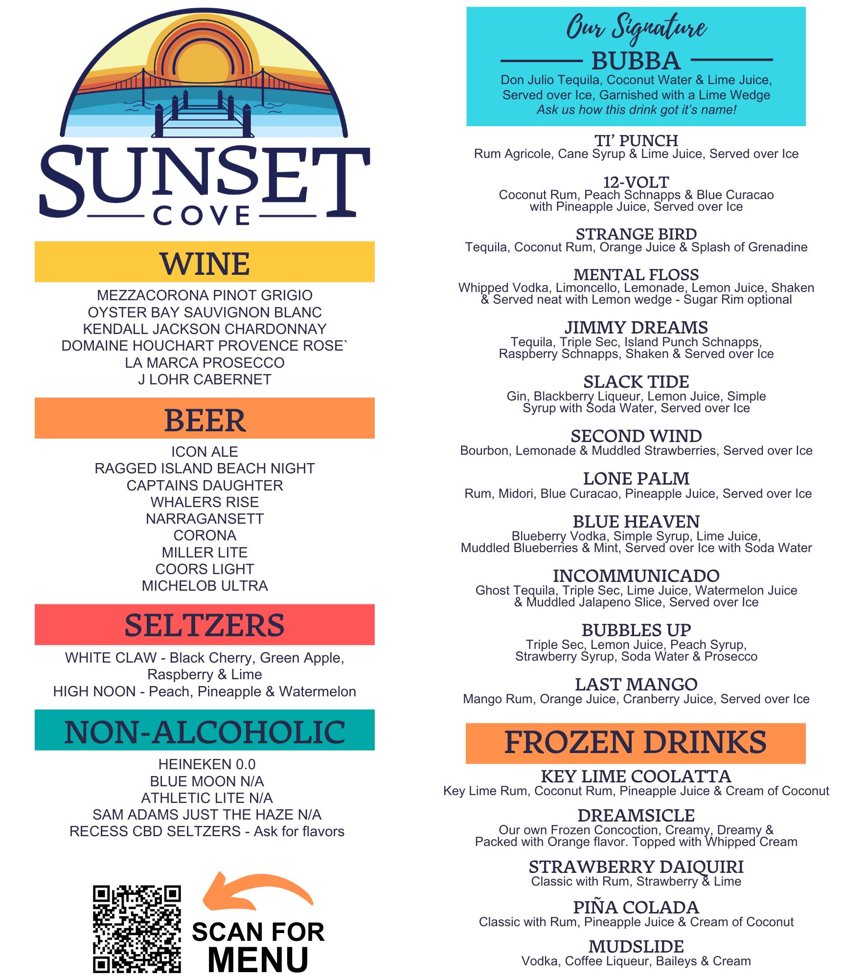 Menu | Sunset Cove RI