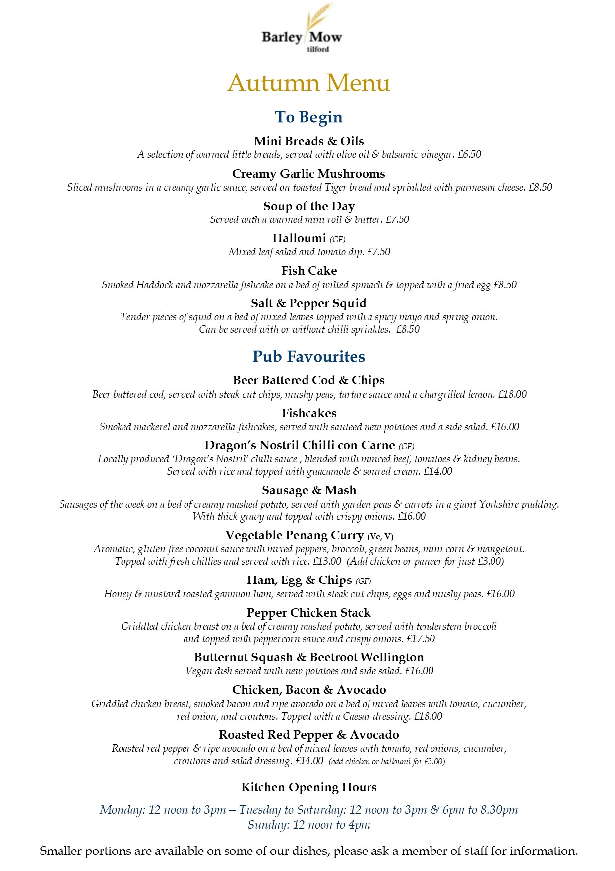 Menu | Barley Mow Tilford