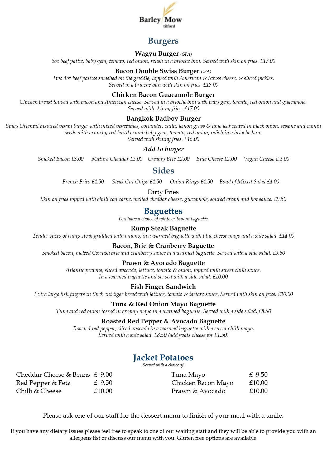 Menu | Barley Mow Tilford