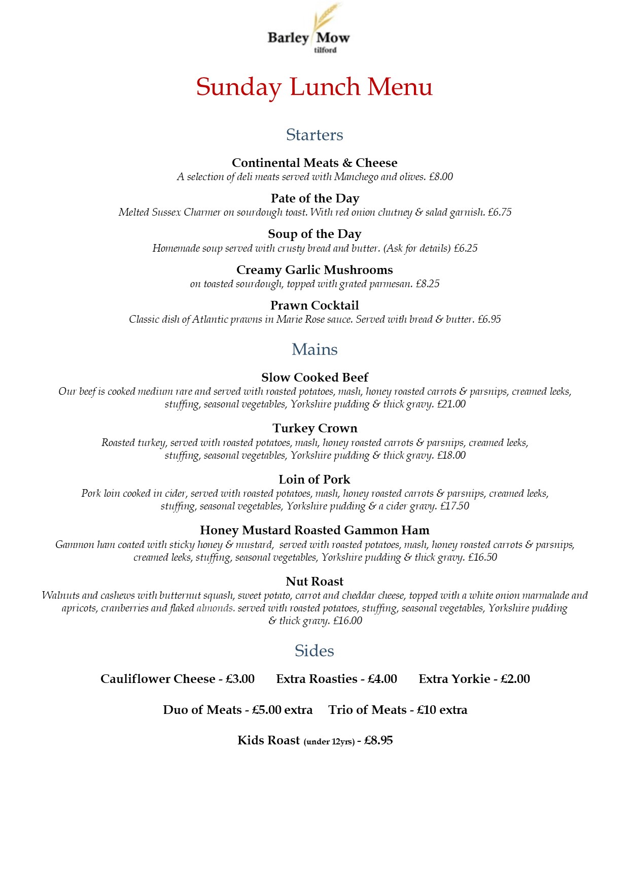 Menu | Barley Mow Tilford