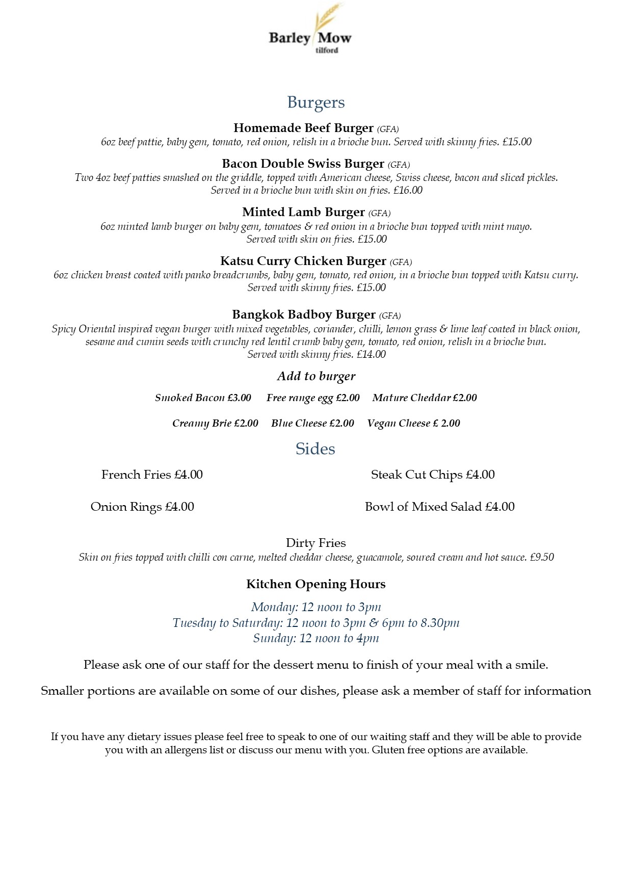 Menu | Barley Mow Tilford