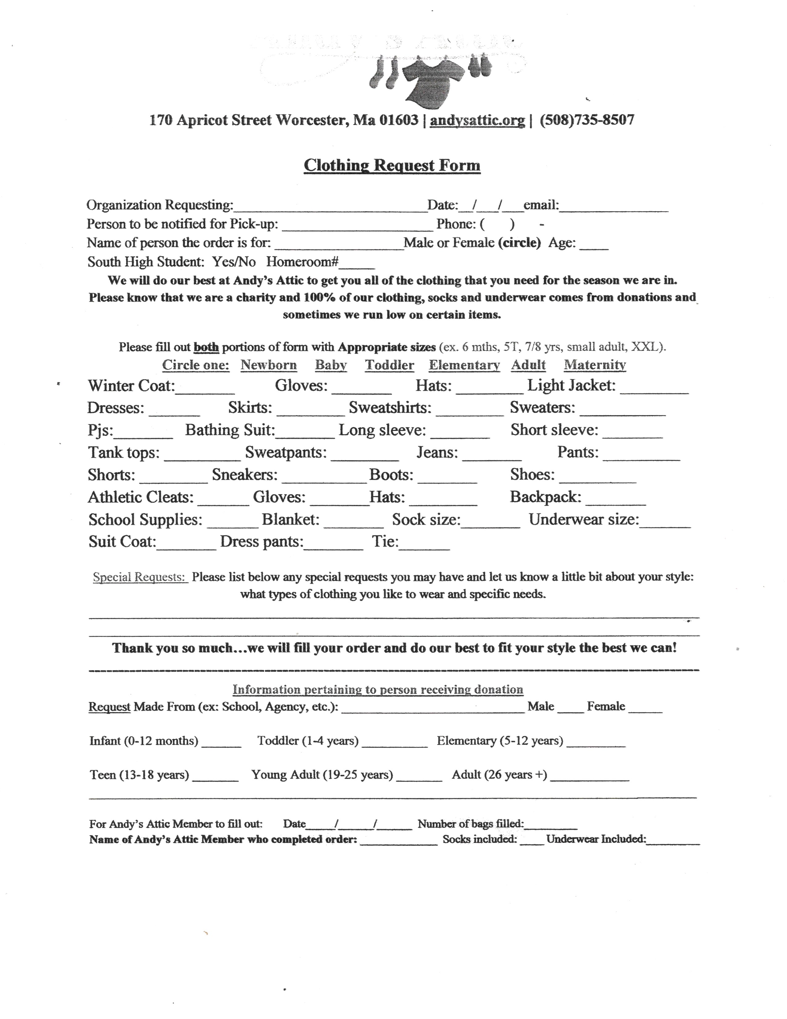 Clothing Request Form | Andy's Attic