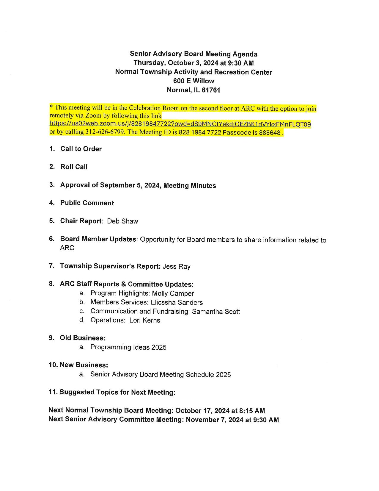 Senior Advisory Board | ARC Activity & Recreation Center