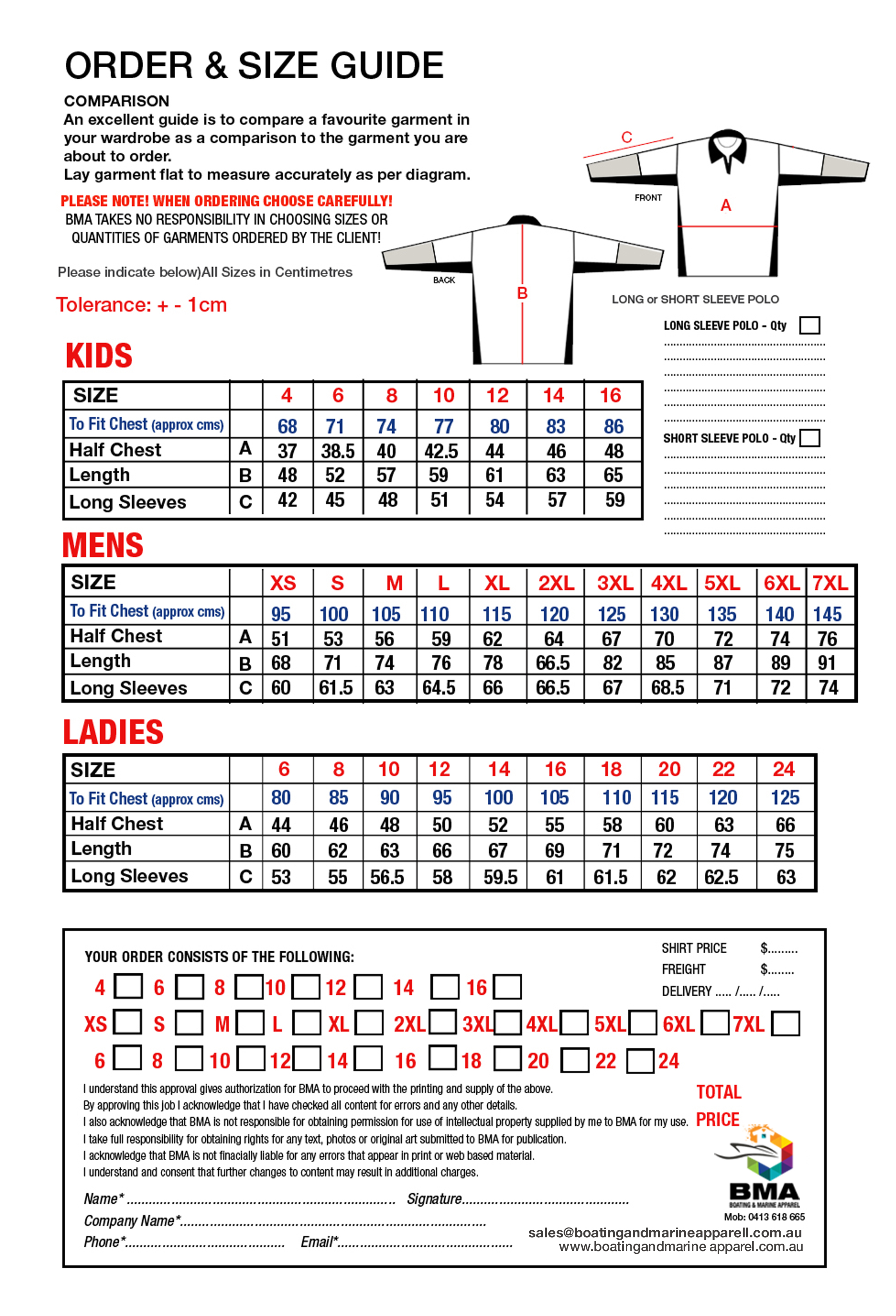 Boating and Marine Apparel - Clothing Sizes, Order Form Sign Off ...