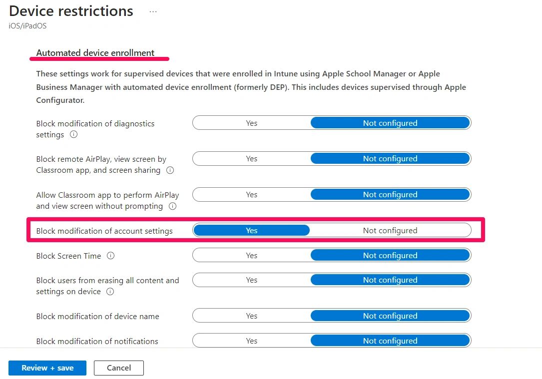 Block Modification of Account Settings in iOS using Intune