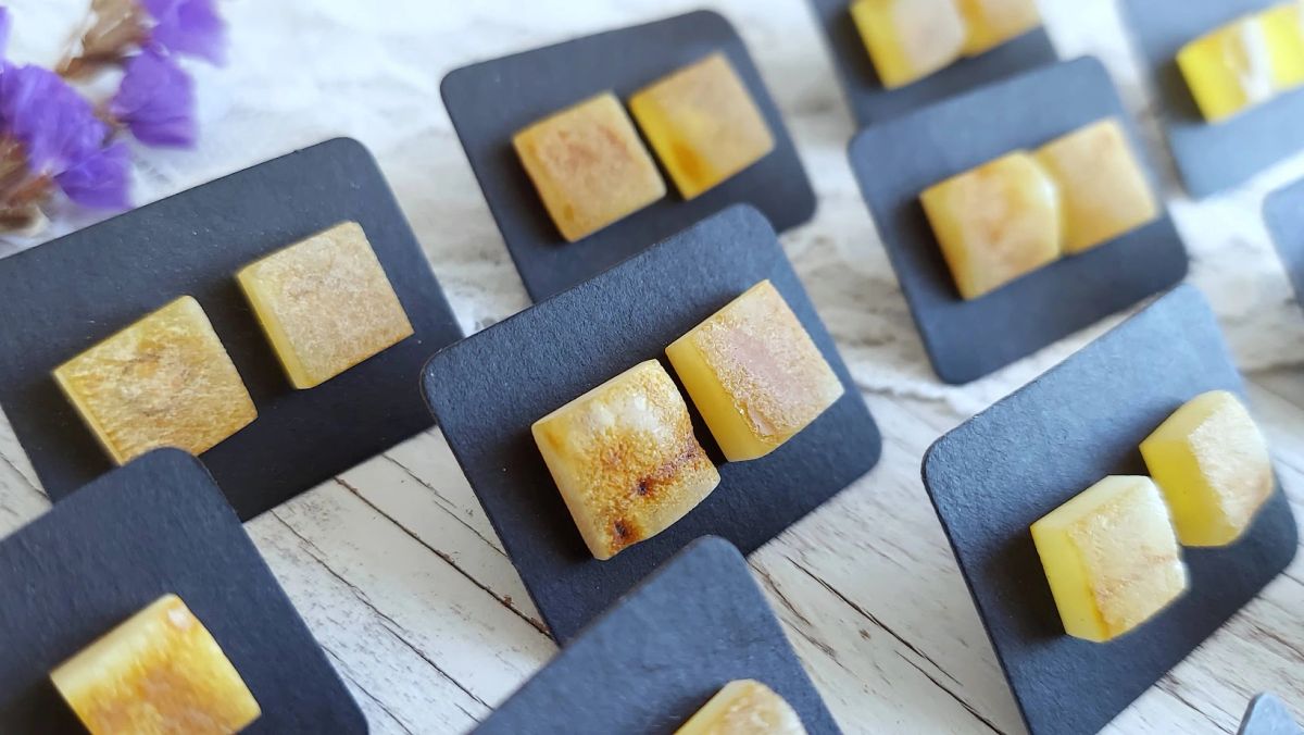 Modern, Earthy Hand-Carved Raw Lemon & Butter Square Cut Stud Earrings ...