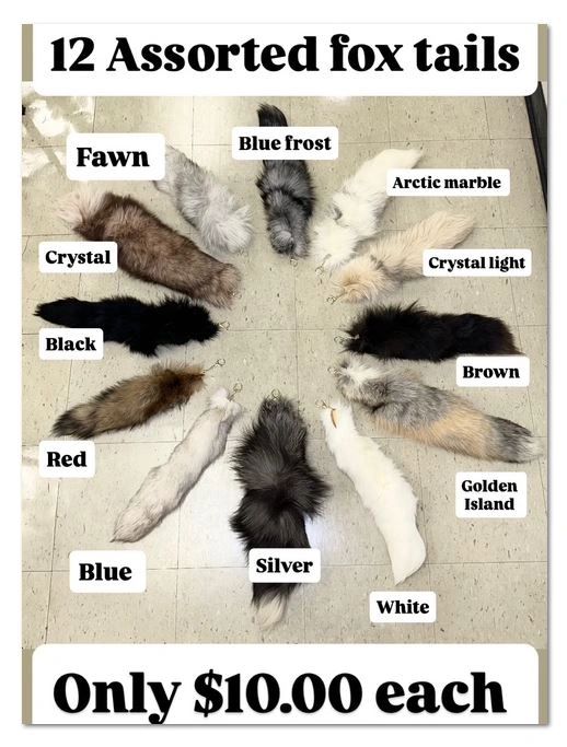 101-120 assorted fox tails. 12 per pack. $10.00 each tail