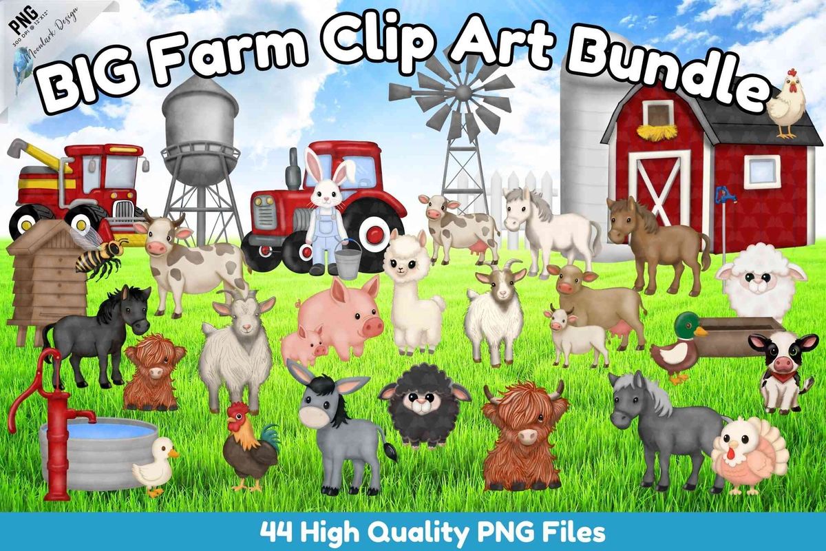 Big Farm Animal and equipment Clip Art Bundle, Horses, Cows, Pig ...