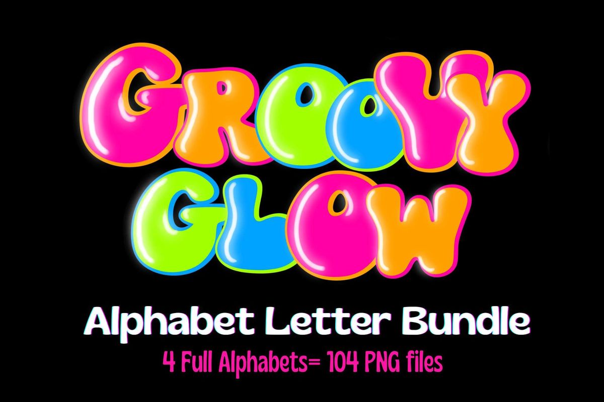 Groovy Glow Alphabet Bundle, PNG Retro Letters, Bright Neon Colors