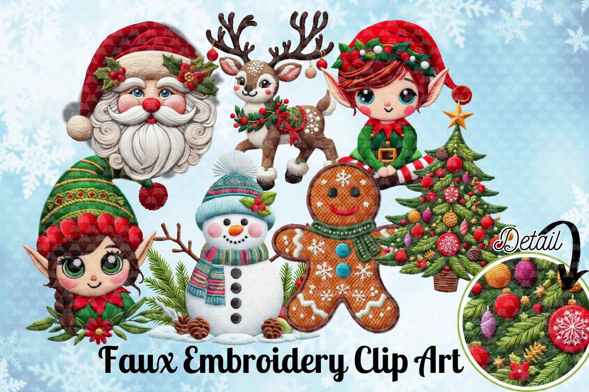 Faux Embroidery Christmas Clip Art, 7 PNG files, Santa, Reindeer, Elf ...