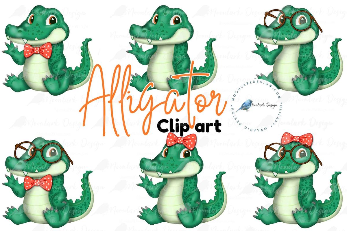 Alligator Clip Art Bundle, Alligator with Glasses, Alligator with Bow