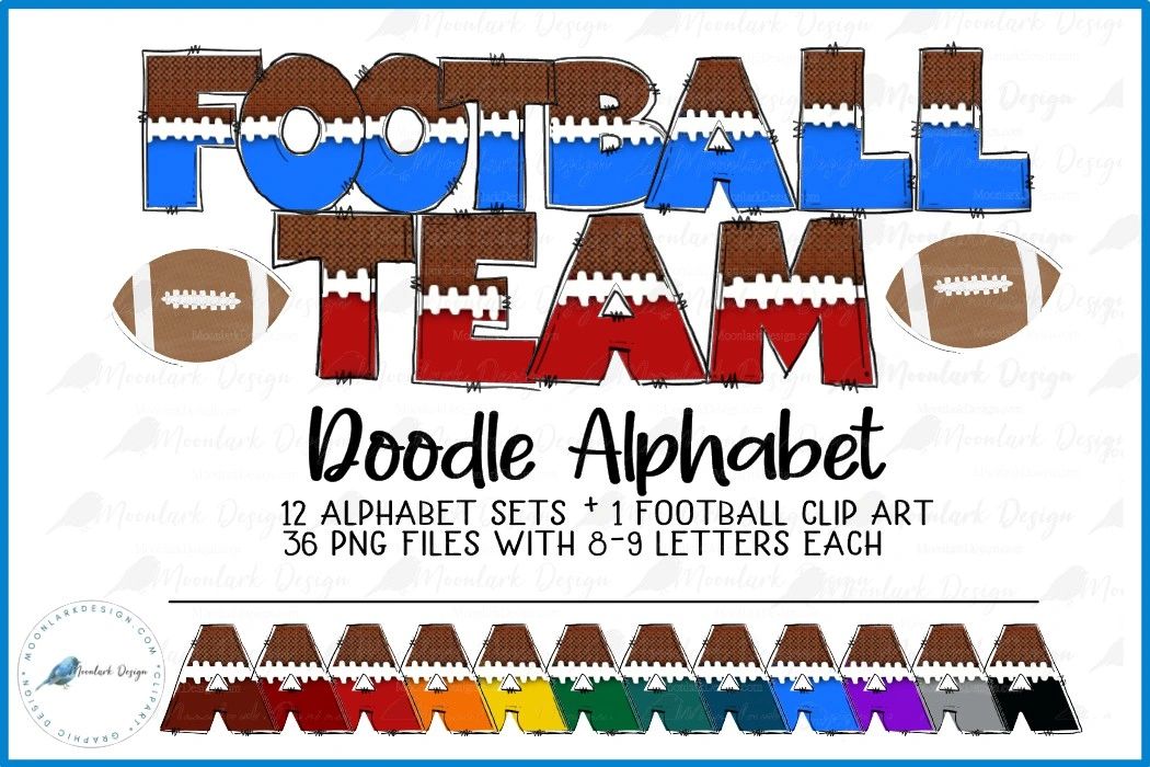 Football Doodle Alphabet Letters 36 PNG files, 12 Colors
