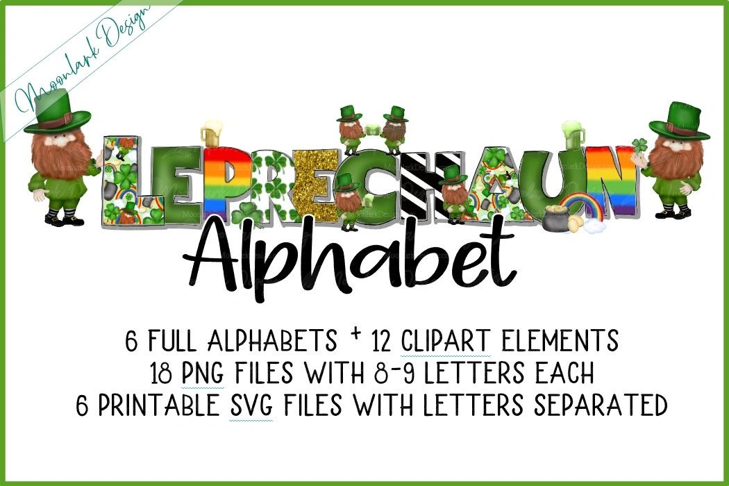 St. Patrick's Day Leprechaun Alphabet Doodle Letters PNG, Printable SVG