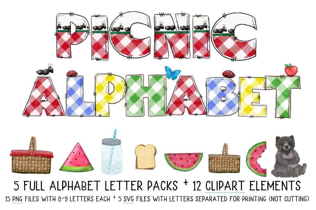 Picnic Doodle Alphabet Letter Pack, PNG and Separated SVG for Printing