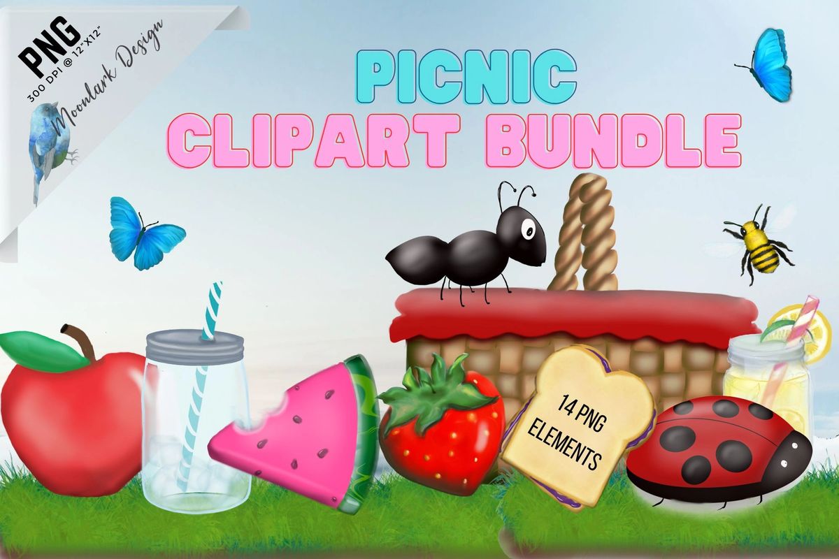 Summer Picnic Clip Art PNG Bundle - Ant, Ladybug, Picnic Basket, Bee ...