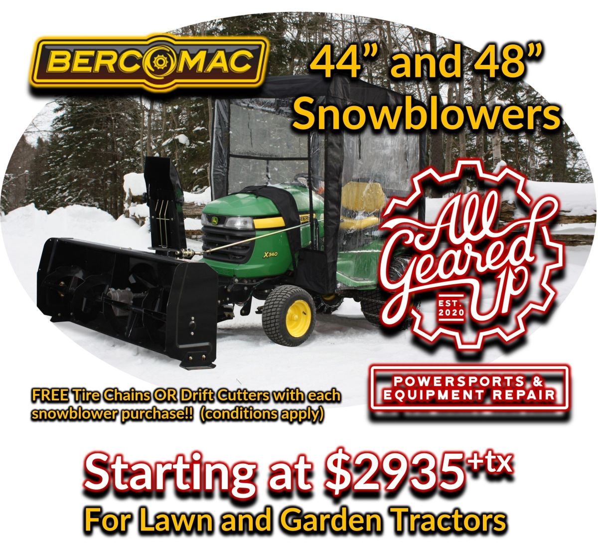 BERCOMAC SNOWBLOWER FOR LAWN AND GARDEN TRACTORS - CONTACT FOR PRICING