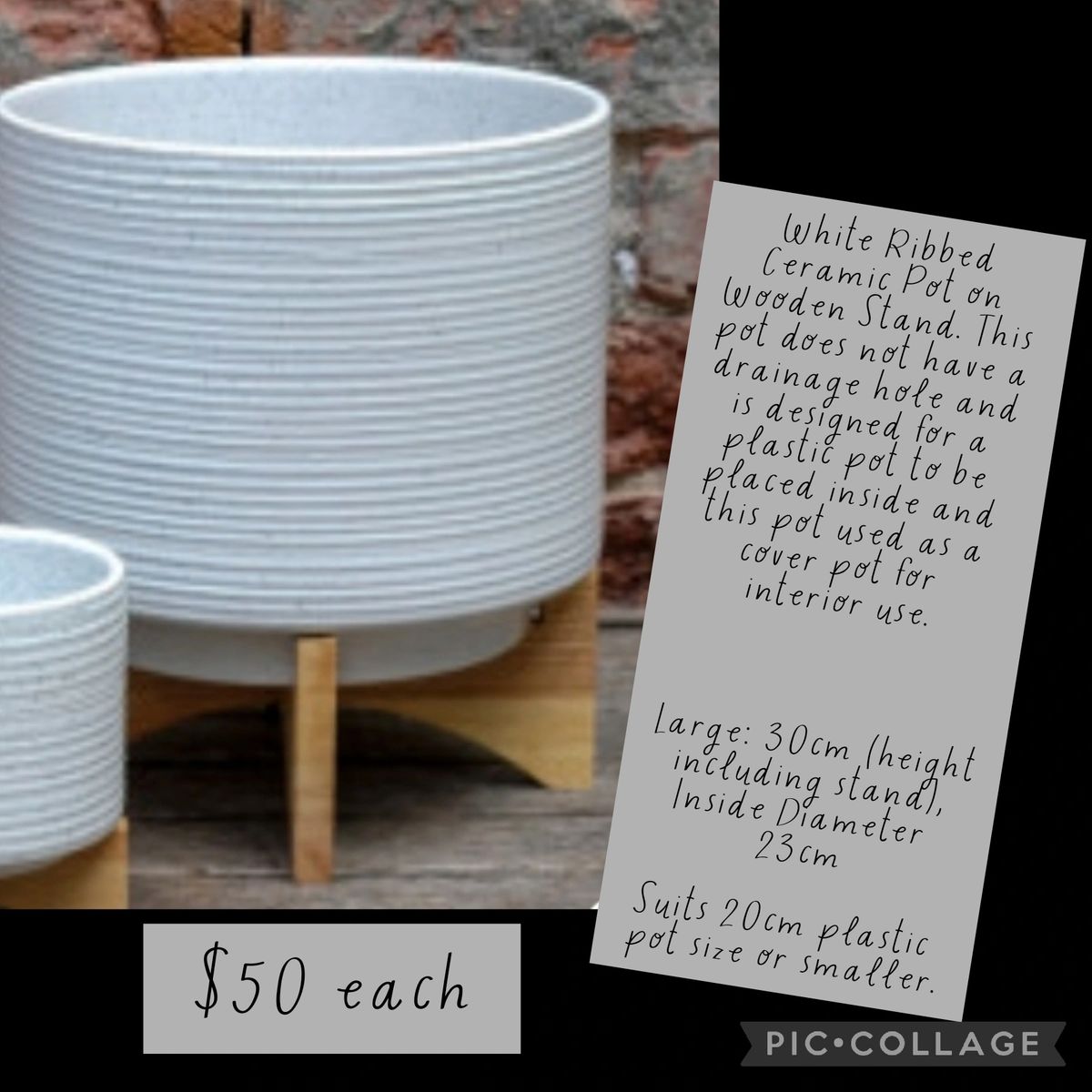Large white ribbed ceramic pot on wooden stand