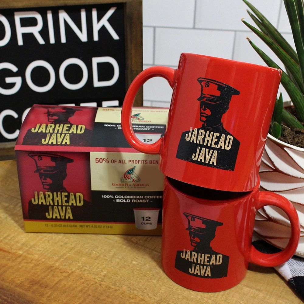 Jarhead Java Coffee Pods + 2 ceramic mugs