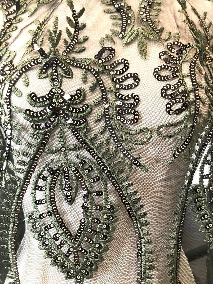 Dark Green Embroidery, Gold & Black Sequins on Black Tulle