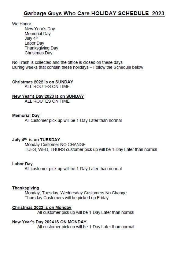2022/2023 Holiday Schedule