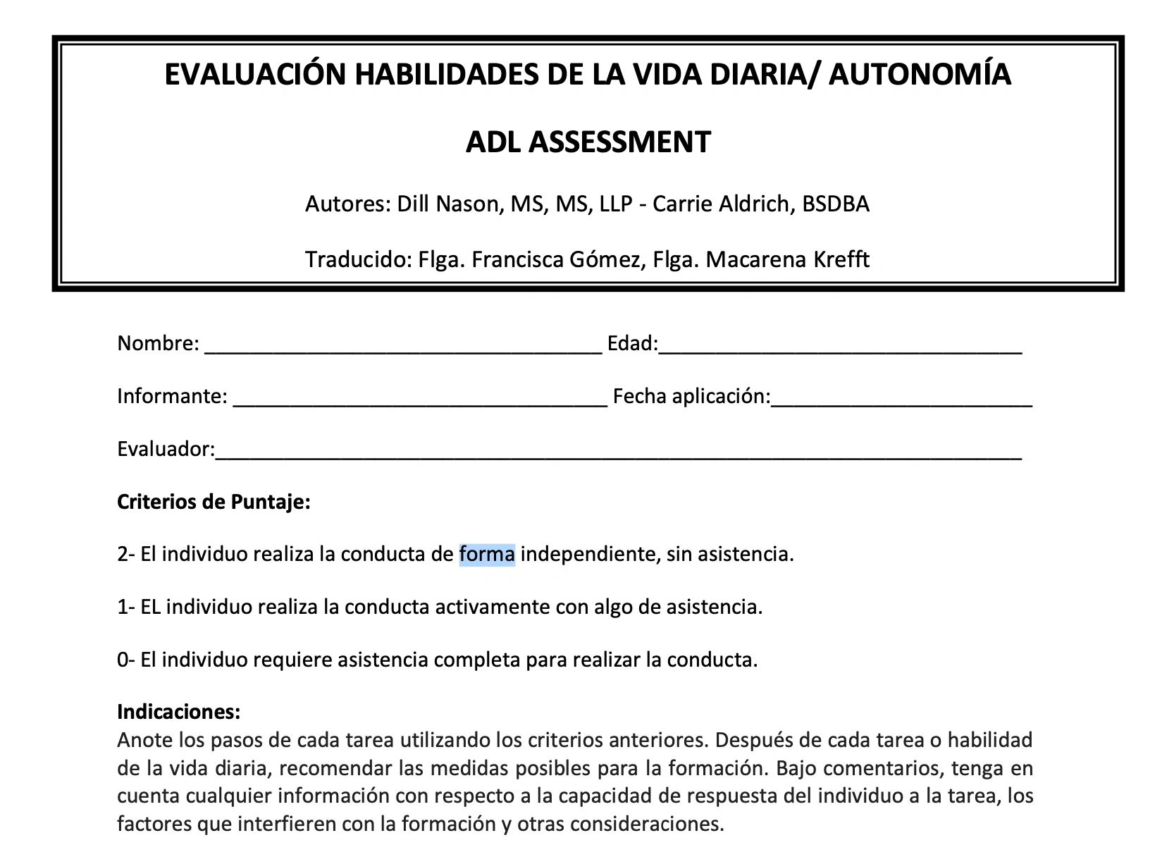 ADL ASSESSMENT (Español)