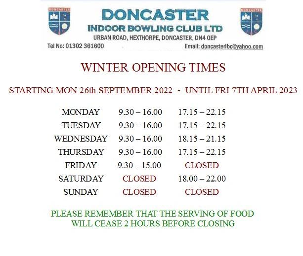 Opening Times | Doncaster Indoor Bowling Club