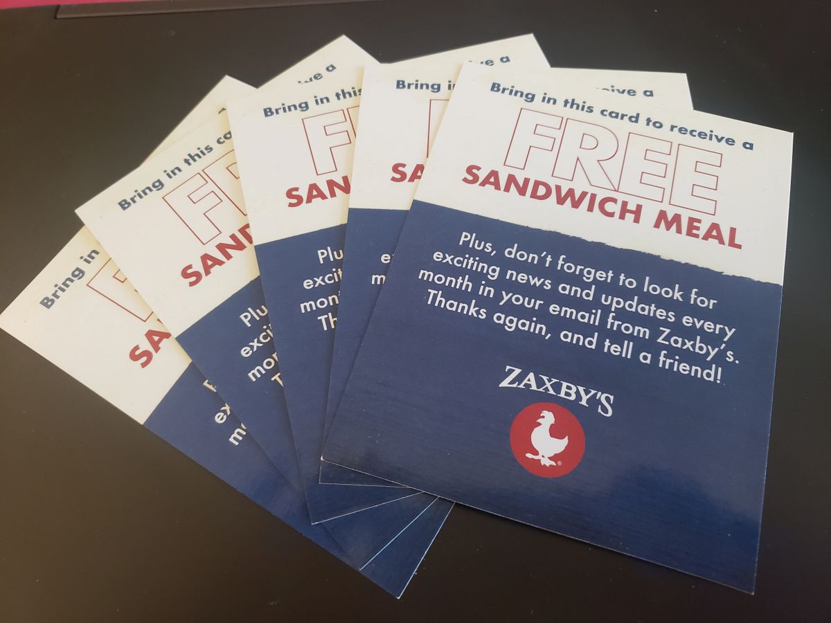 ZAXBY'S FREE ANY SANDWICH Meal card. You will recieve 1 card value $20 ...