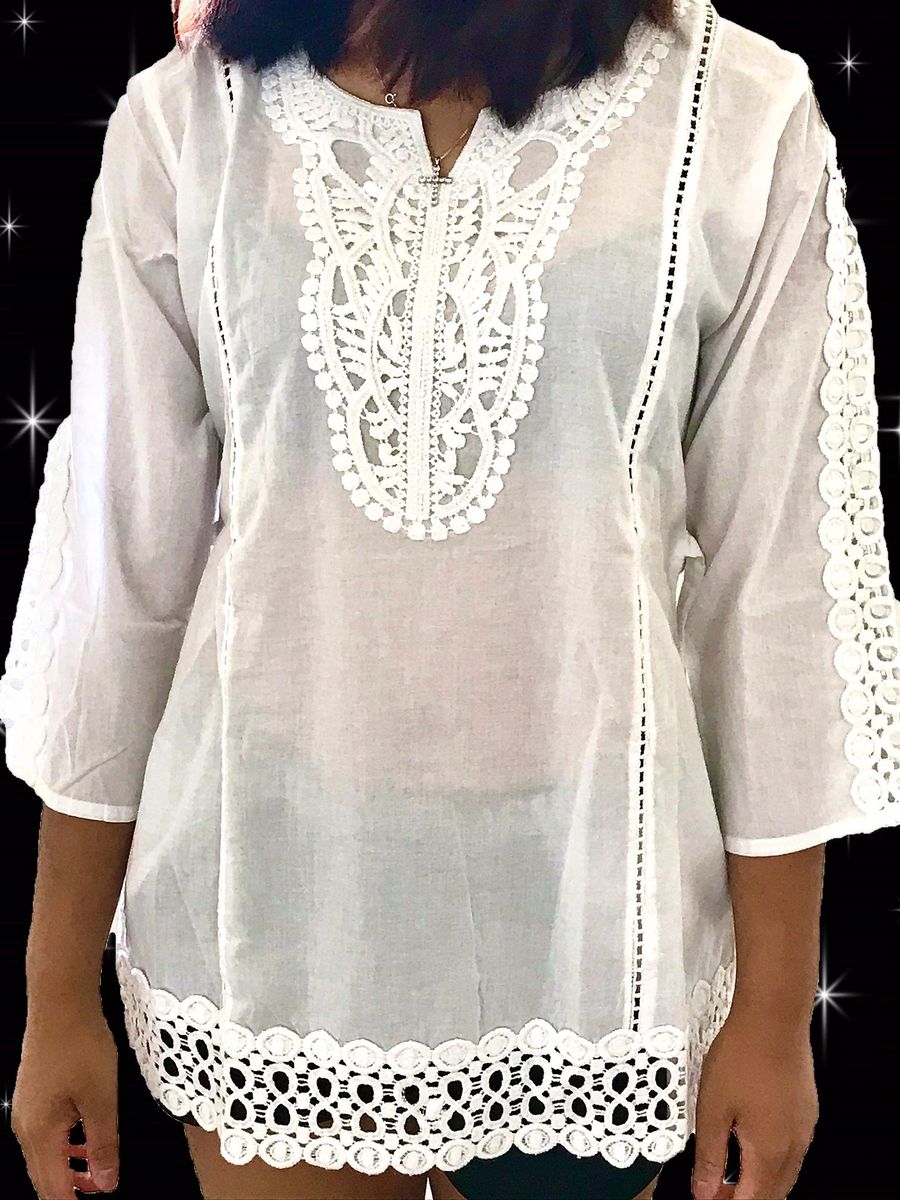 Advanced Apparel white top/coverup with lace sleeves
