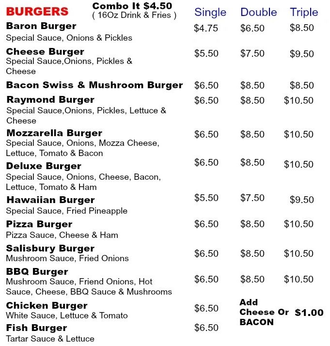 Menu | Raymond Burger Baron