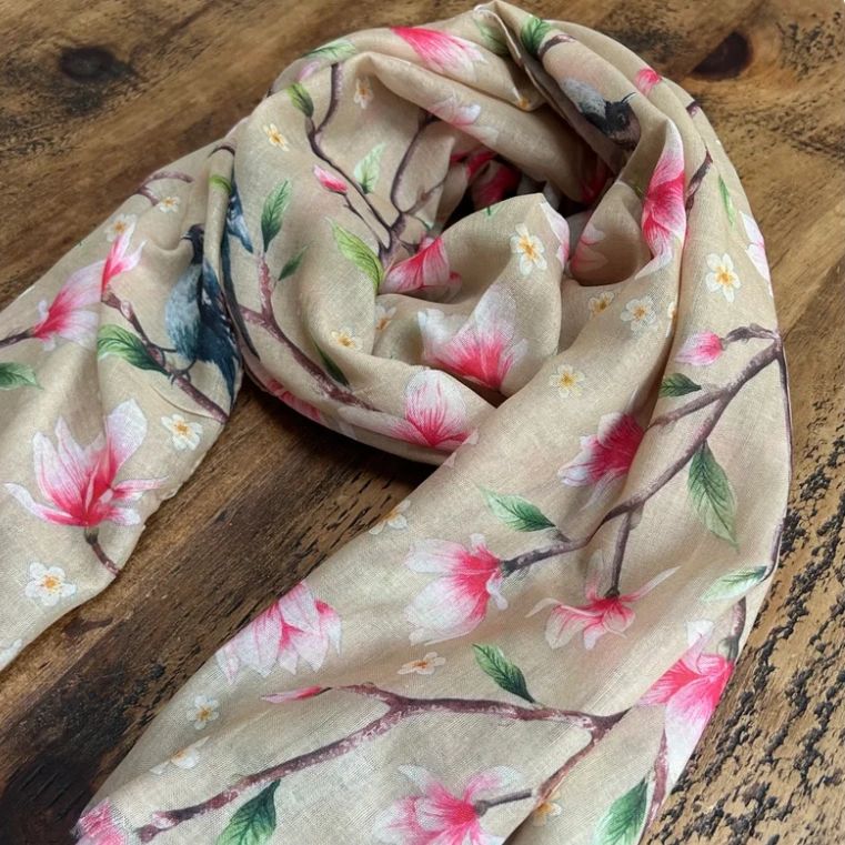 Beautiful Magnolia Bird Print Scarf - Creamy Caramel