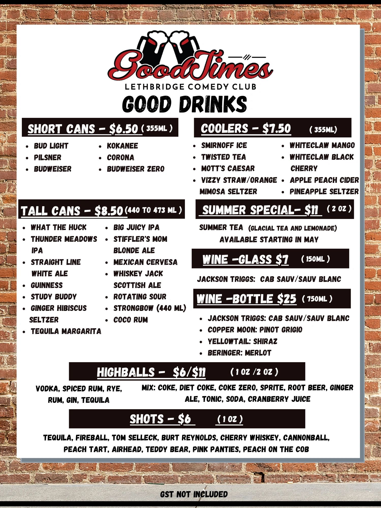 Food & Drinks, Comedy Show, Menu - Good Times Lethbridge Comedy Club ...