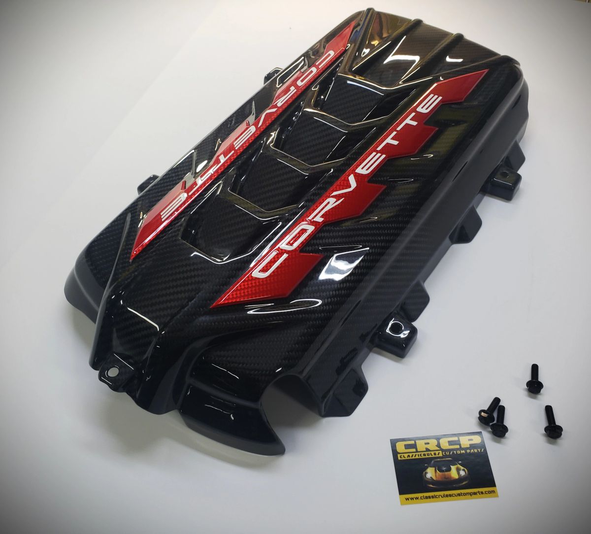 C8 Corvette Engine Cover- Black Carbon Fiber- Red HCF Rails- White Corvette