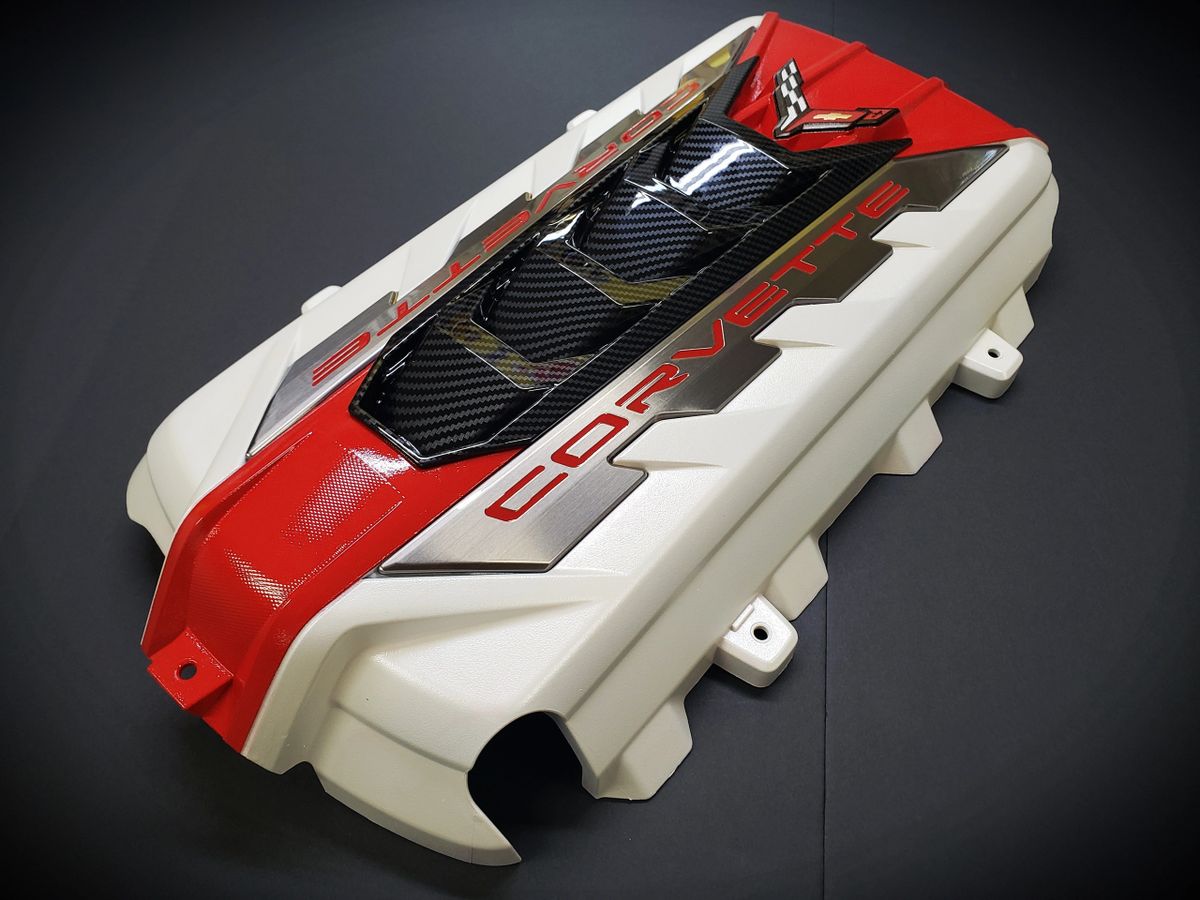 C8 Corvette Engine Cover- Torch Red and HCF Center- Pearl White Lower