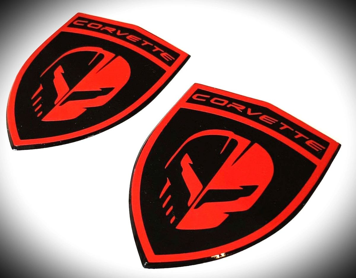 C8 Corvette Fender Badges- Corvette Black- Torch Red Jake and Trim