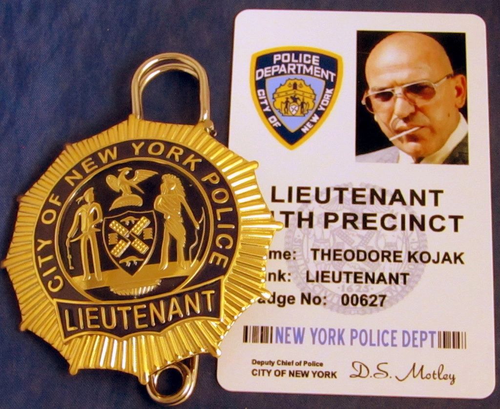 NYPD LIEUTENANT SHIELD (PROP BADGE) AND SHOULDER PATCH WITH KOJAK ID CARD