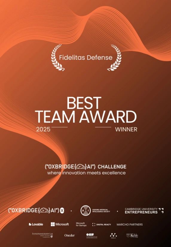 Oxbridge AI Challenge Awards Fidelitas Defense "Best Team Award"