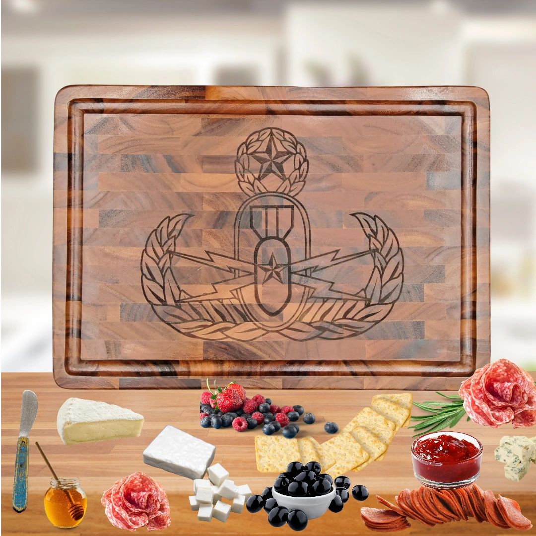 EOD Master Badge, Large End Grain Prep Board with Juice Channel, Acacia Wood