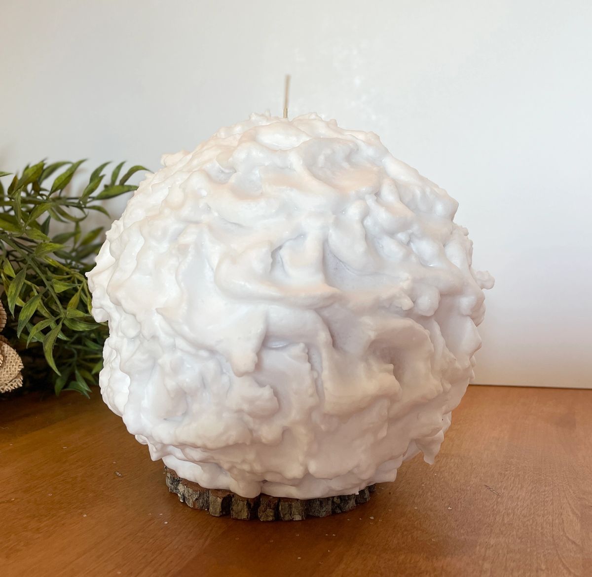 Large WHITE interior Snowball candle hand frosted Cin-Apple scented