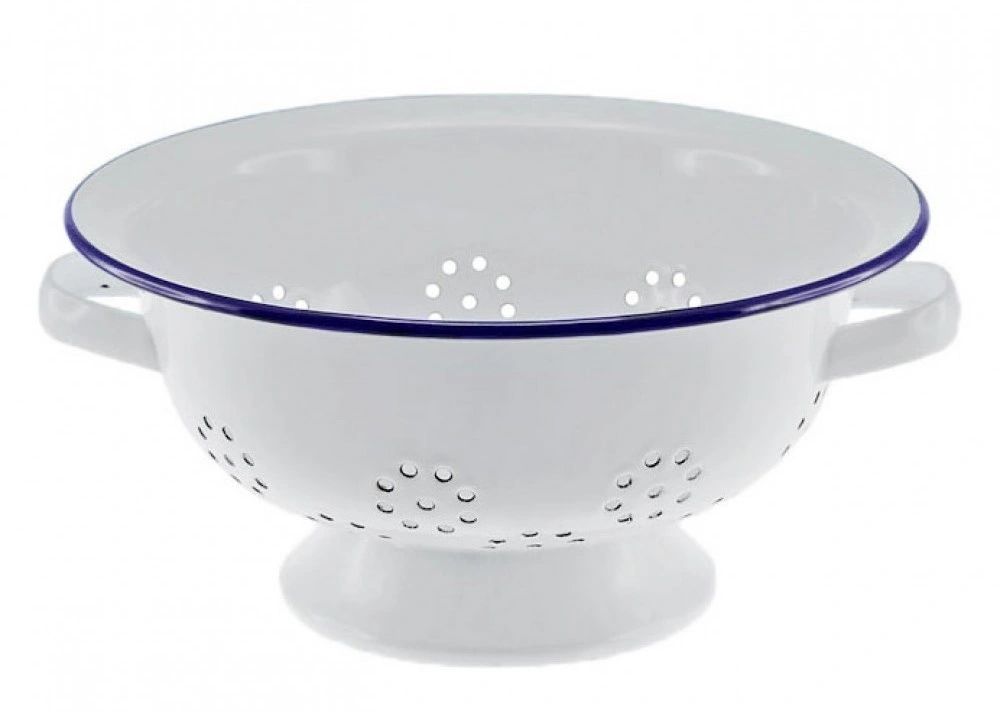 FALCON WARE ENAMEL COLANDER WITH BLUE RIM