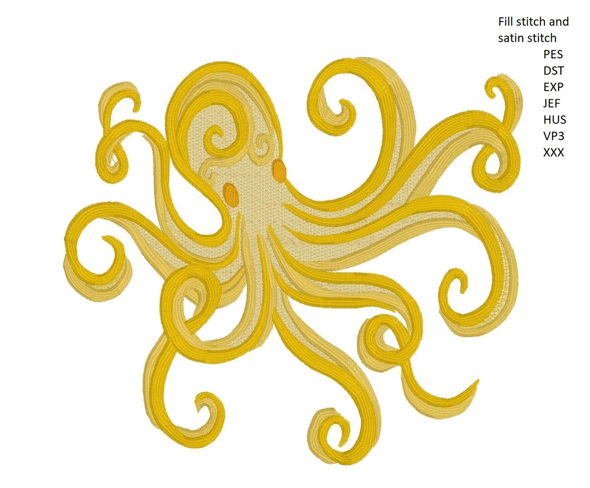 Octopus embroidery design fill stitch and satin stitch