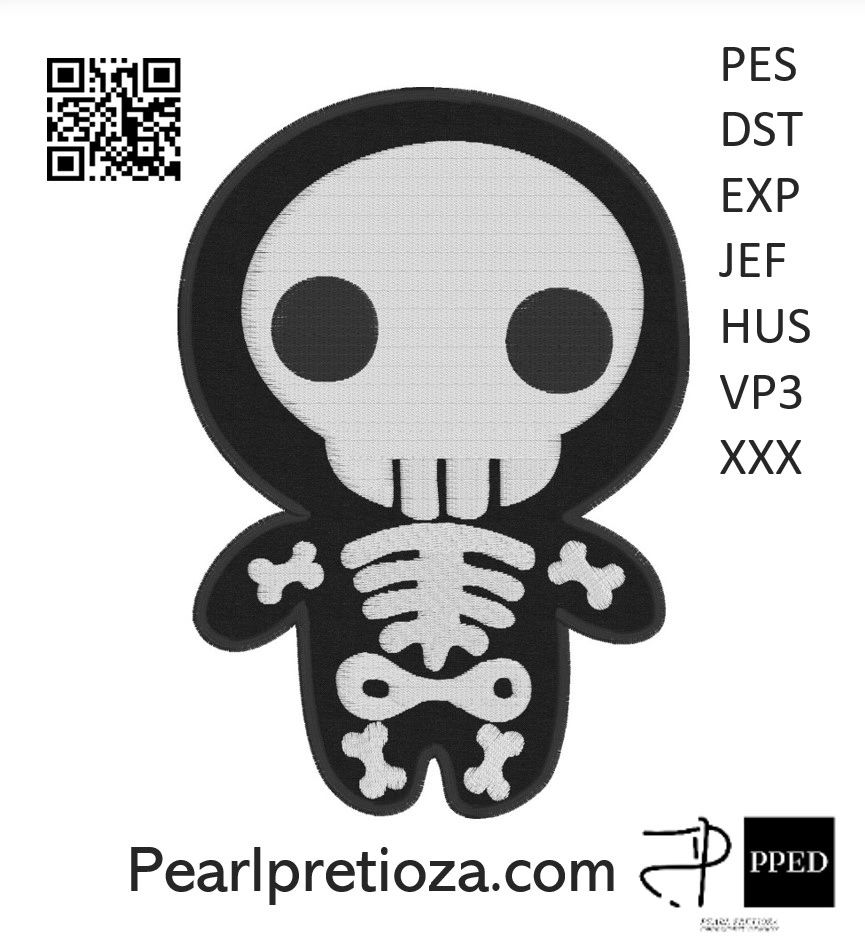 Skeleton chibi, Halloween applique embroidery machine design files