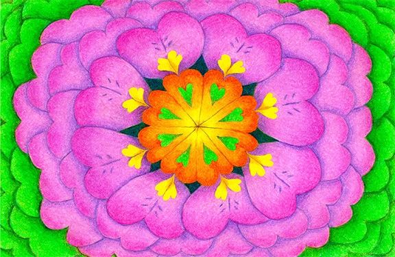 Flower Hearts Card with Purple Orange Radial Design