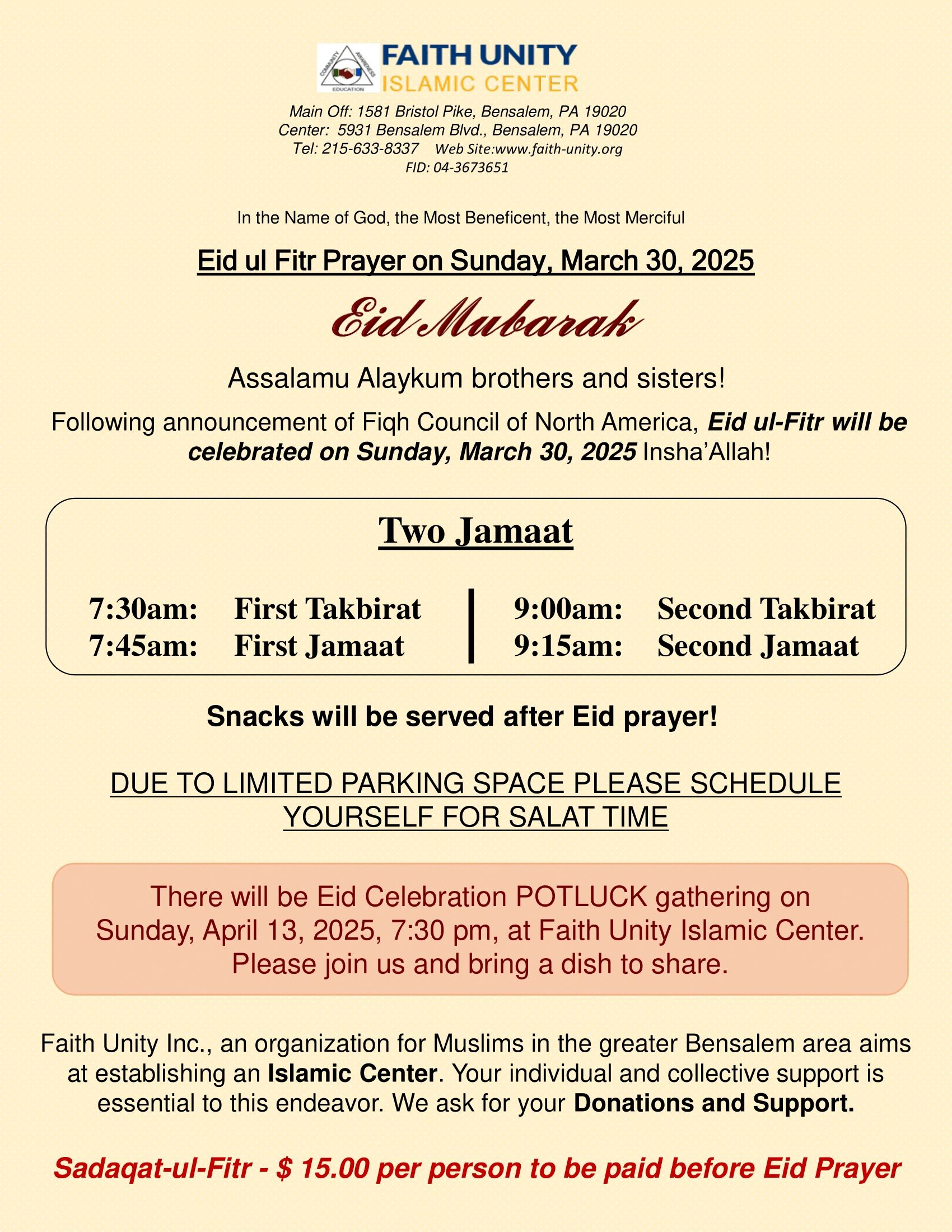 Eid ul Fitr Prayer (3/30/2025)