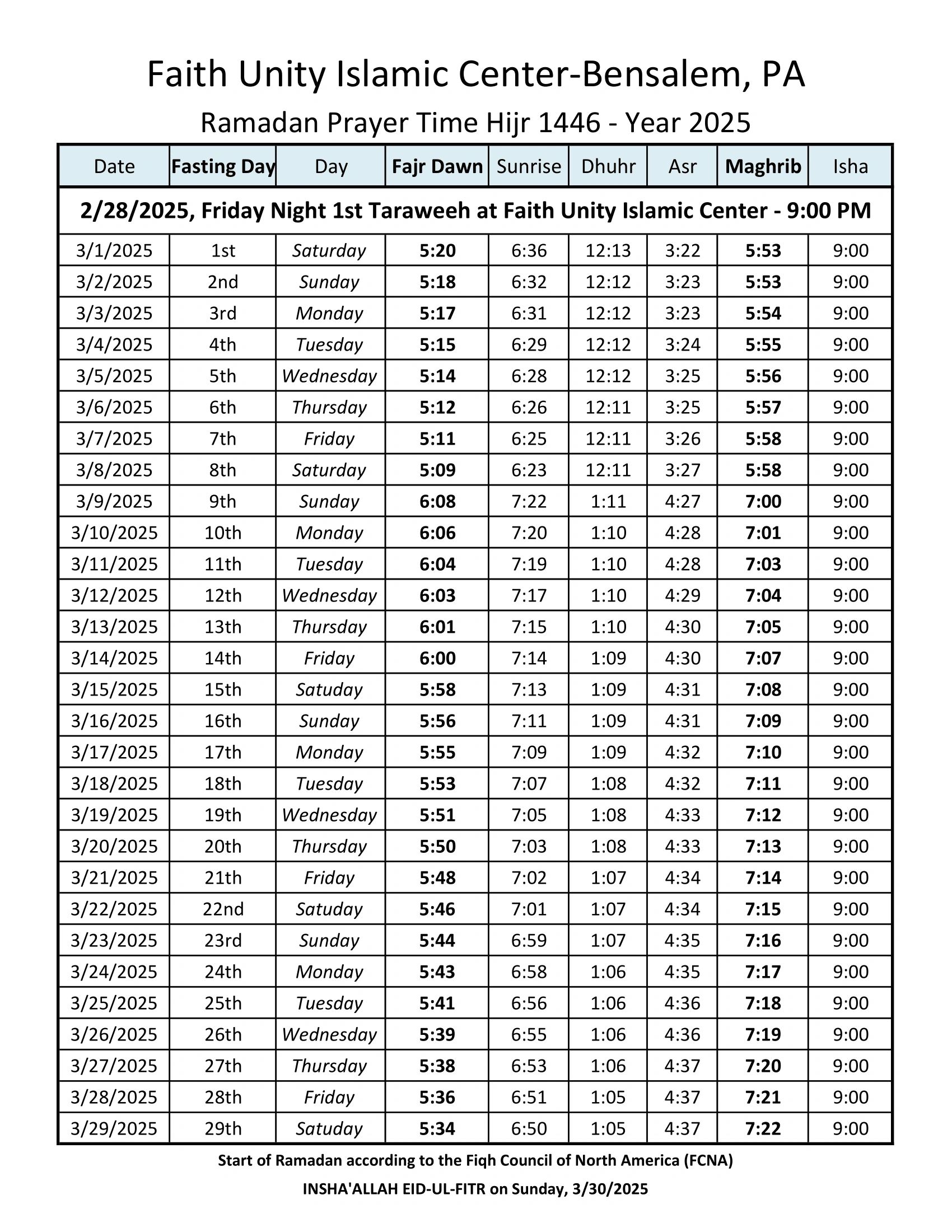 2025 Ramadan Timetable