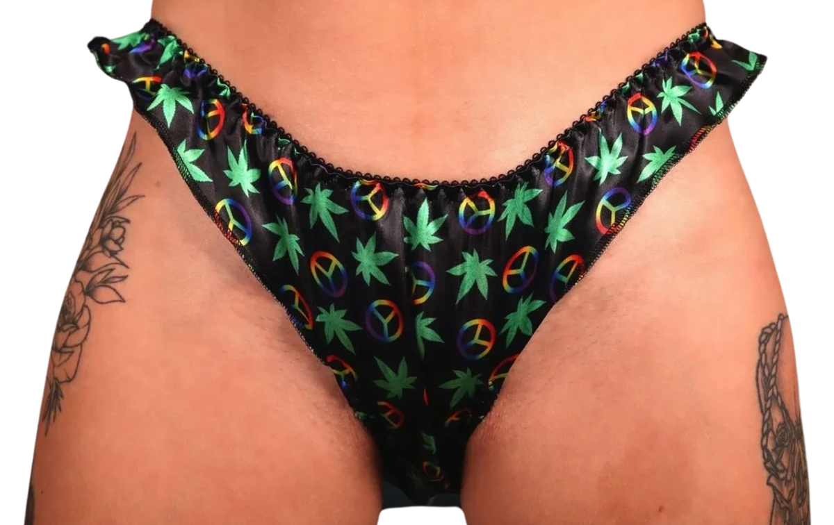 420 Peace Print Satin Bikini Flutter Panties Limited Edition